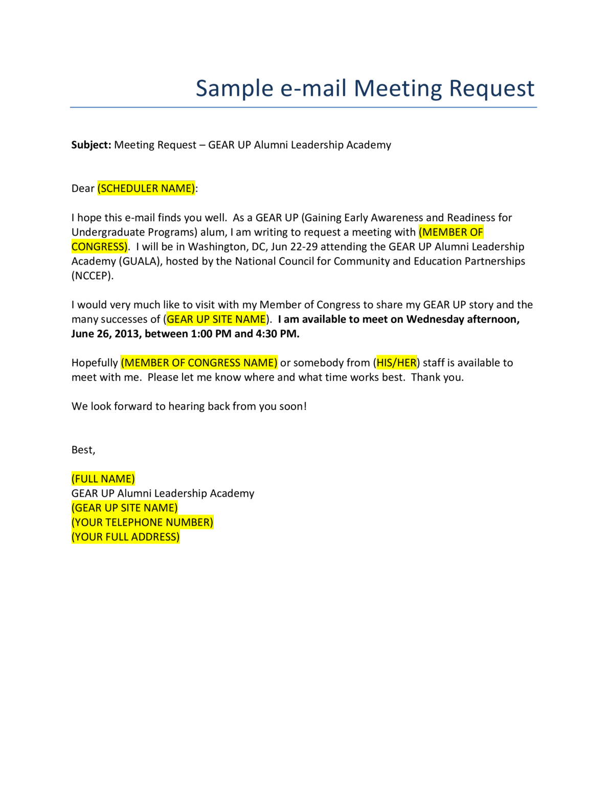 Business Meeting Request Email Template