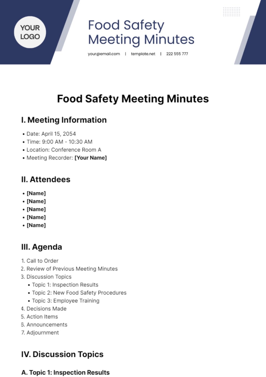 Food Committee Meeting Template