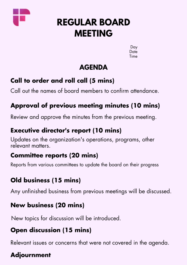 Monthly Board Meeting Agenda Template