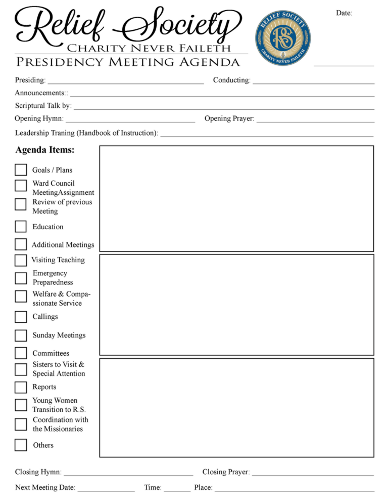 Relief Society Presidency Meeting Agenda Template