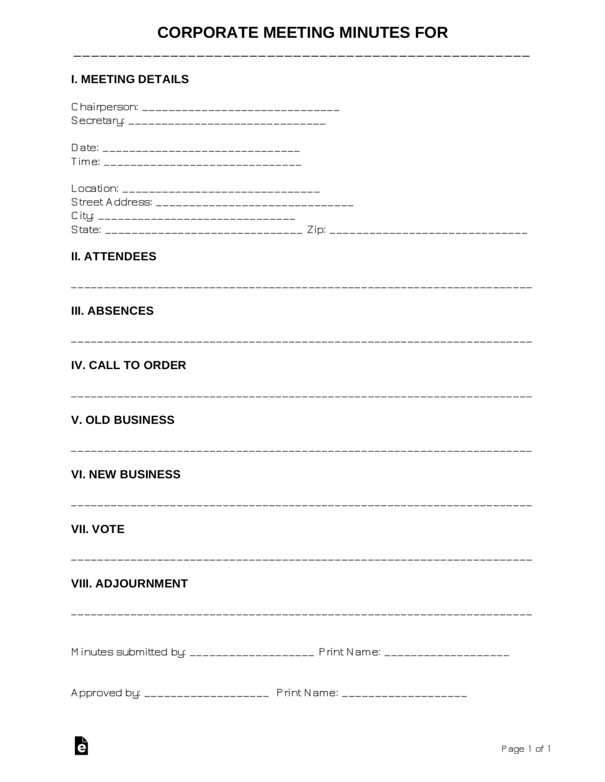 S Corp Meeting Minutes Template