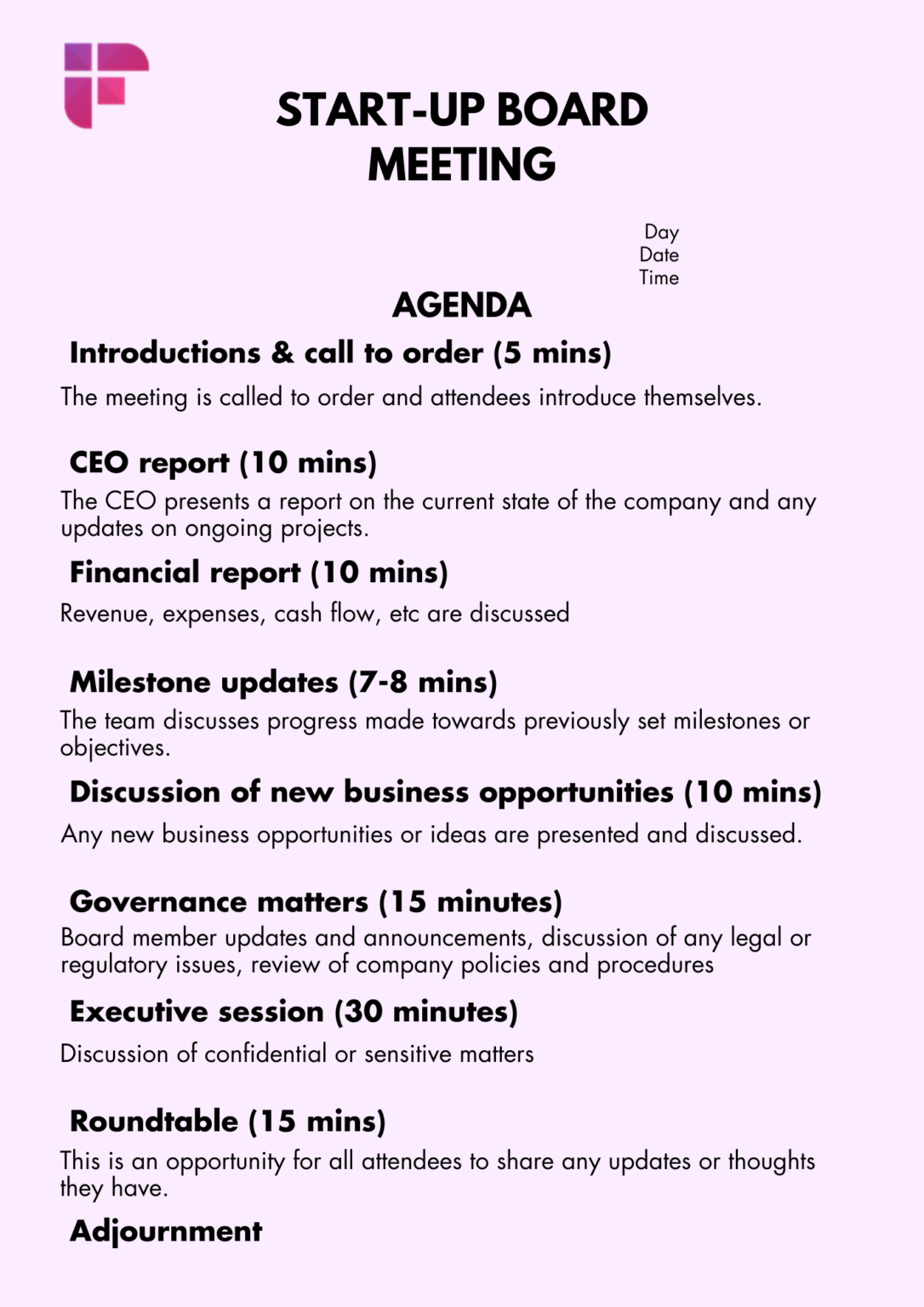Startup Board Meeting Agenda Template