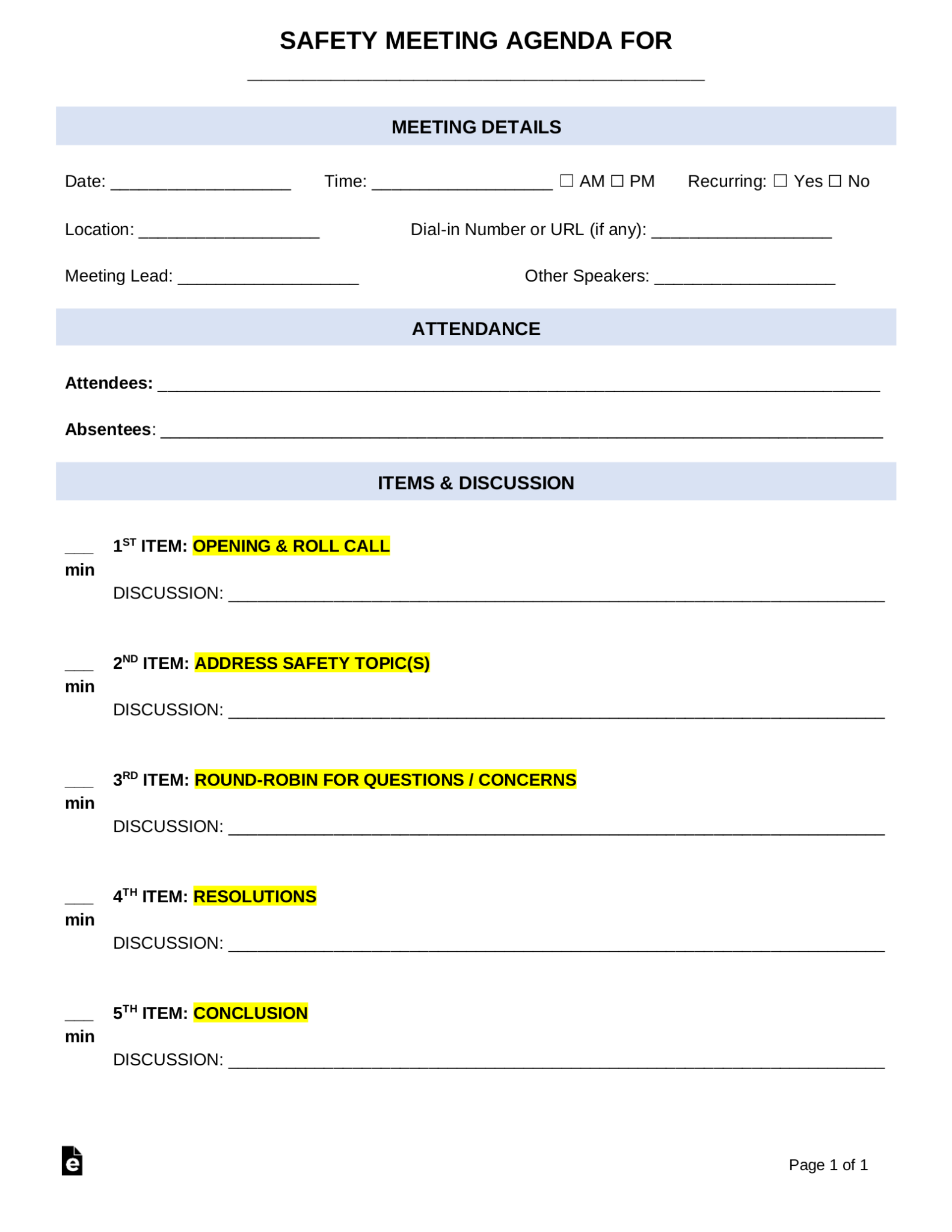 Work Health And Safety Meeting Agenda Template