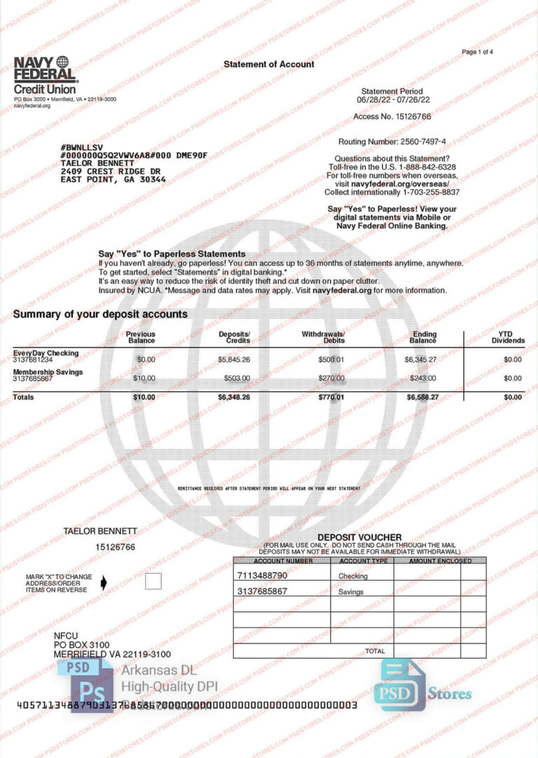 Download: Navy Federal Credit Union Bank Statement Template PDF