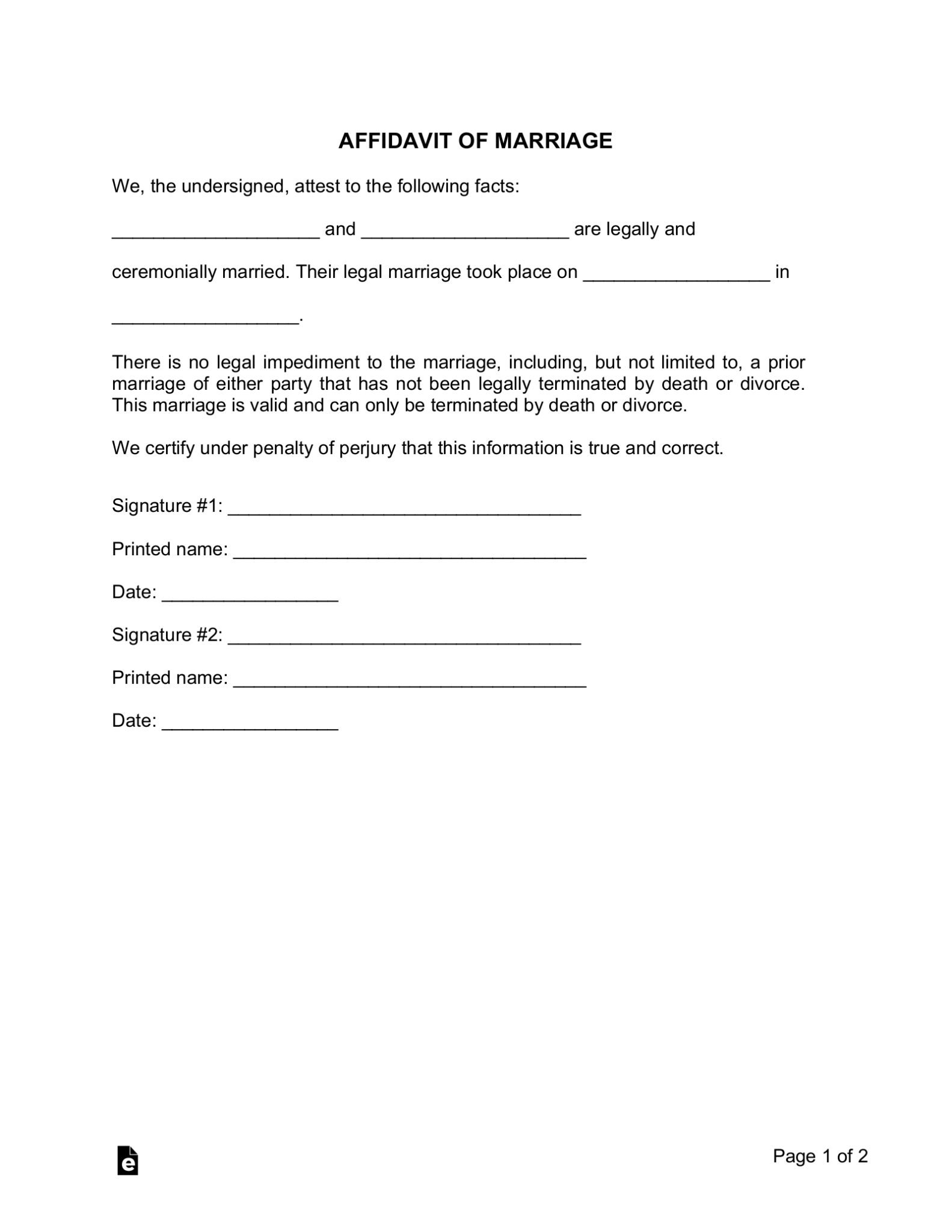 Free Affidavit Sworn Marriage Statement Template