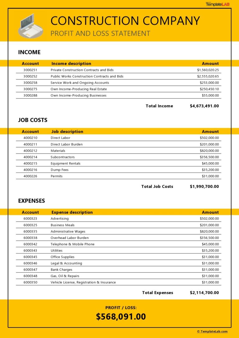 Free Construction Company Income Statement Template & Example