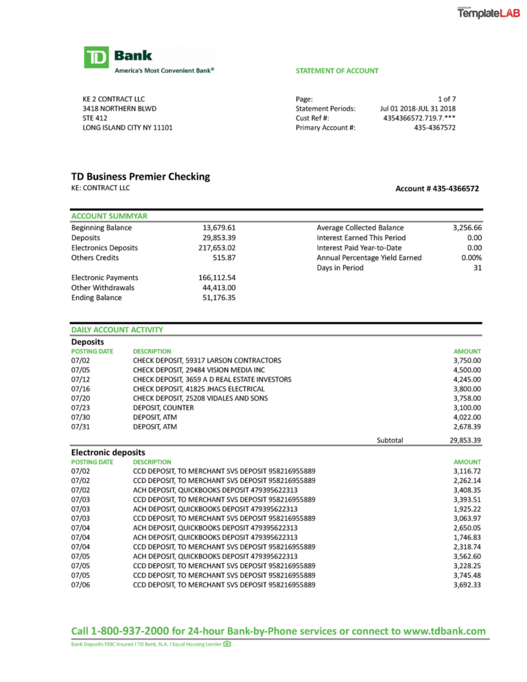 Free Editable TD Bank Statement Template & Sample