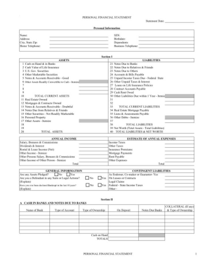Free Printable Personal Financial Statement Template PDF