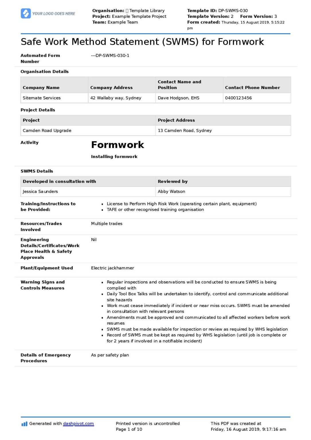 Free Safe Working Method Statement Template & Example