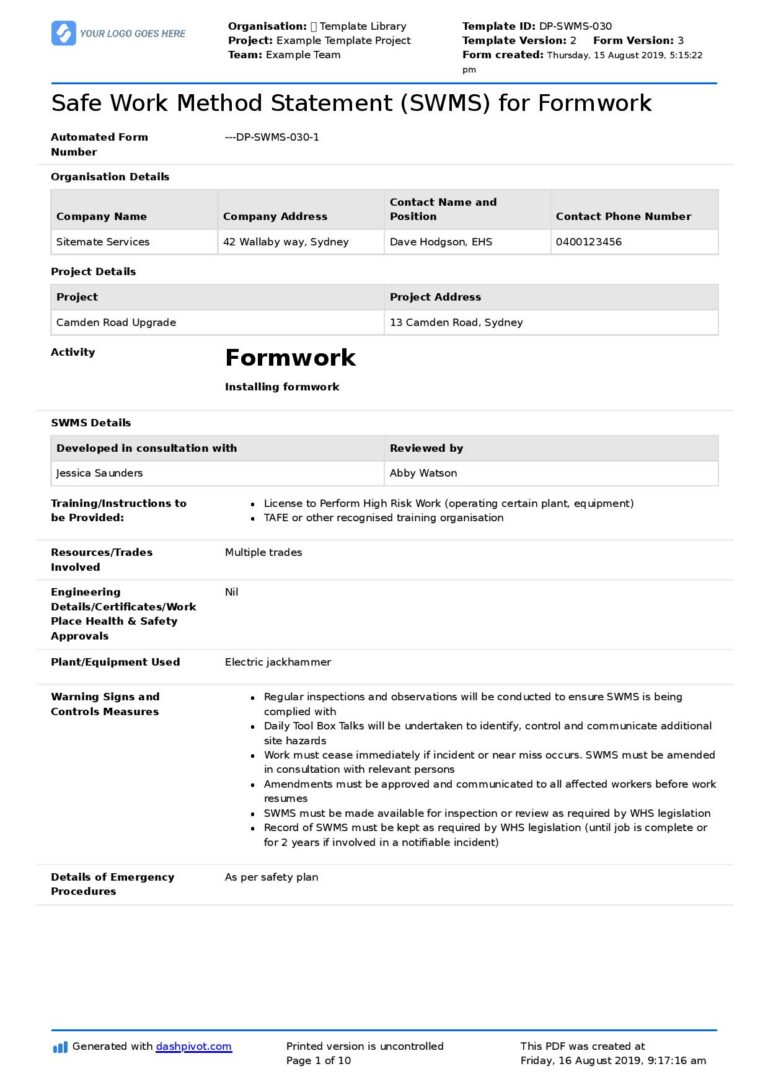 Free Safe Working Method Statement Template & Example