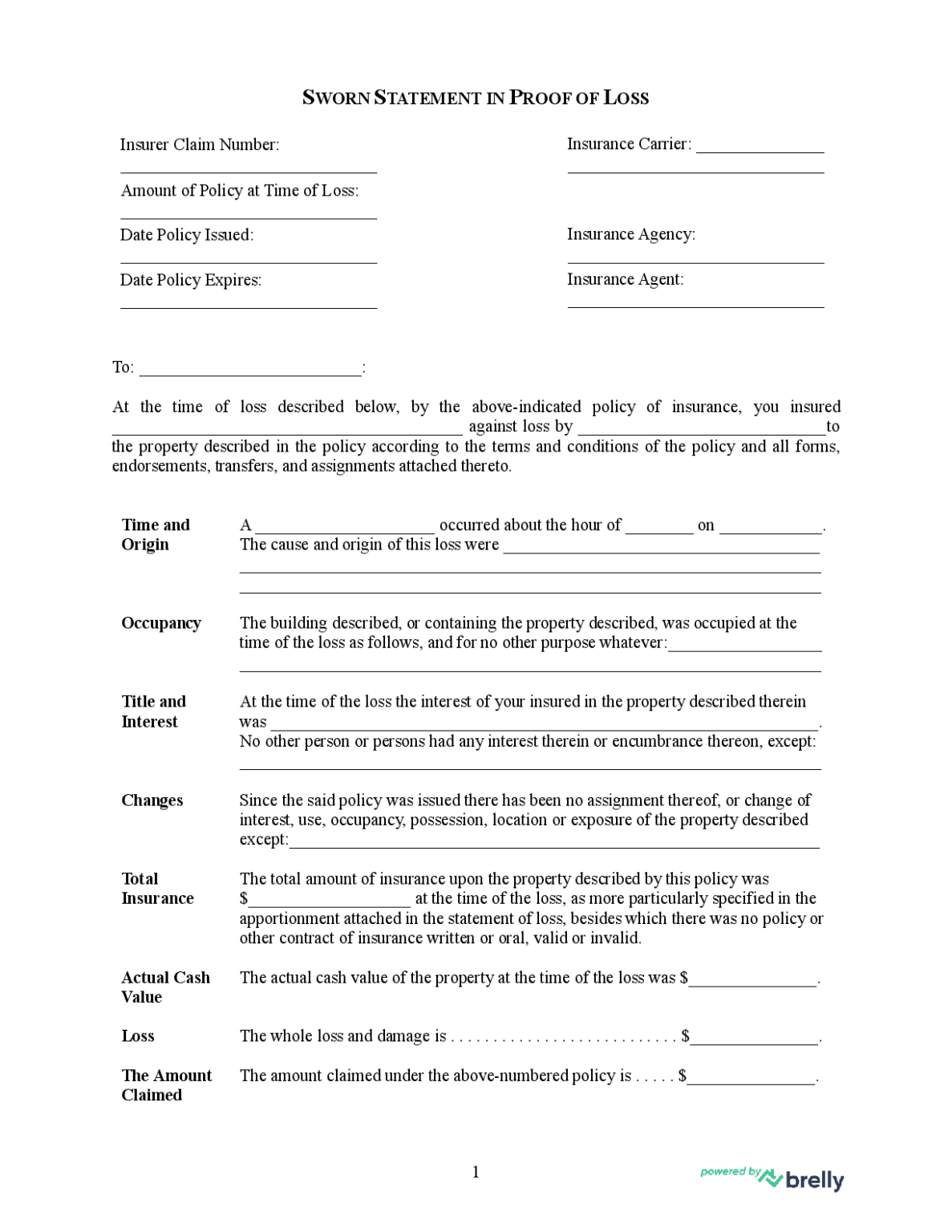 Free Sworn Statement in Proof of Loss Template & Example