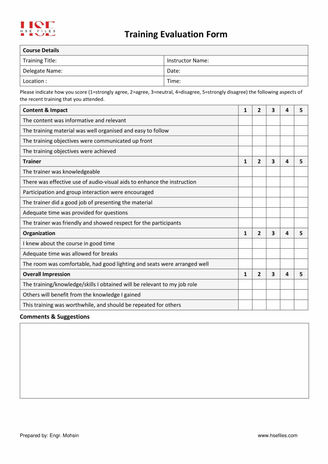 Technical Training Feedback Form Template