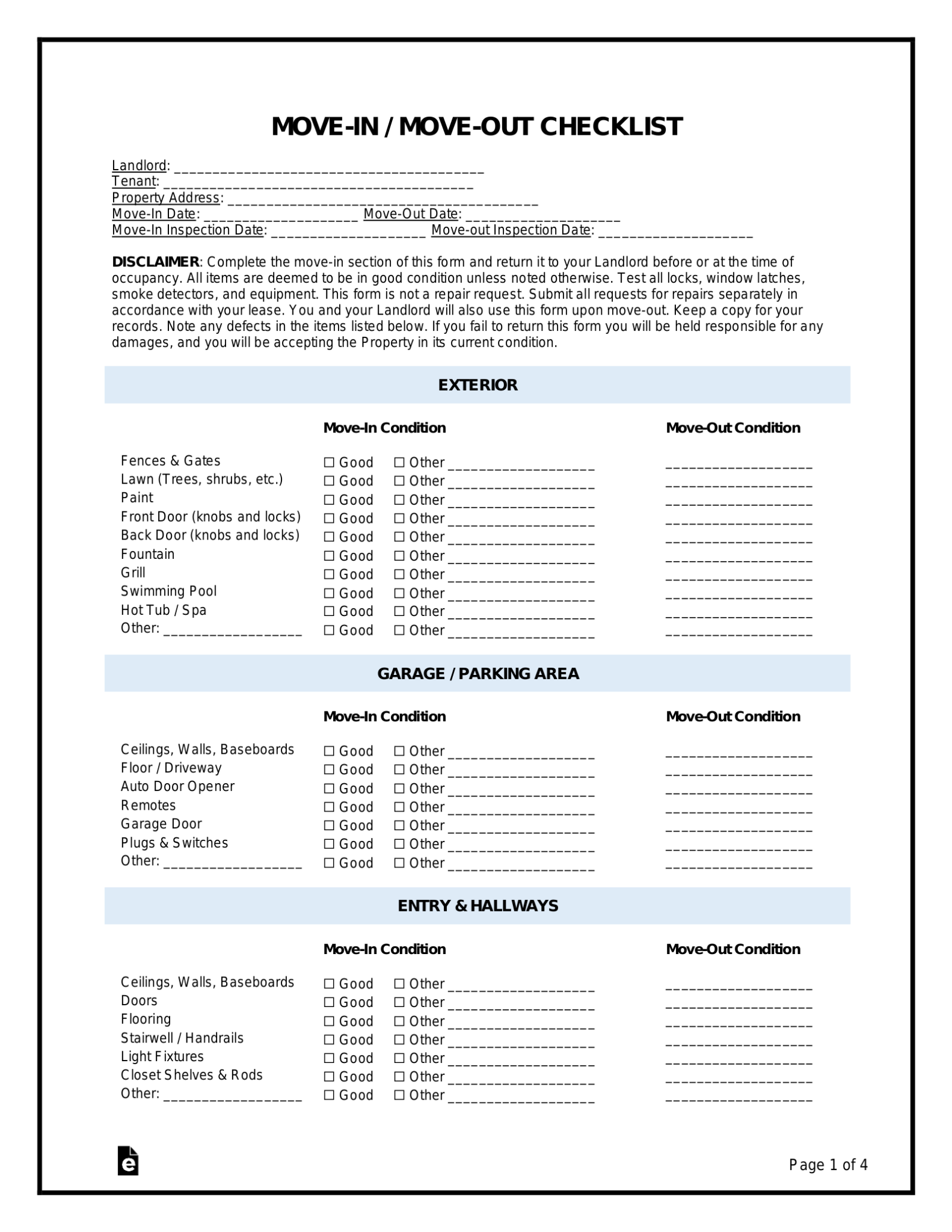 Tenant Move In Inspection Form Template