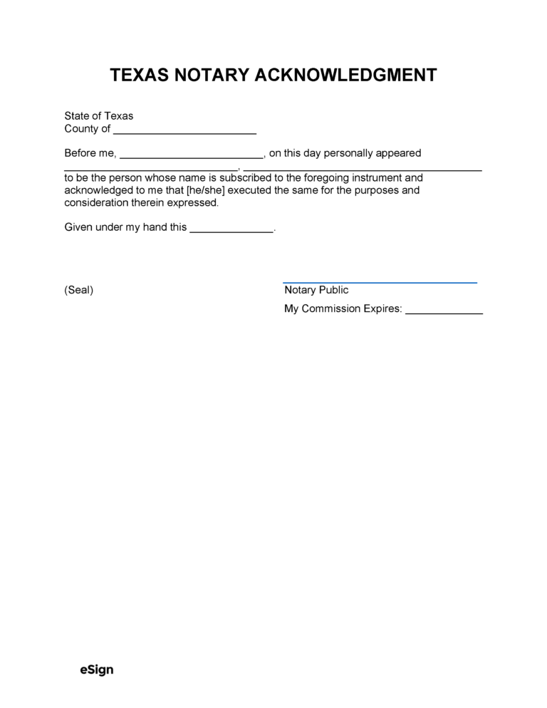 Texas Notary Short Form Template