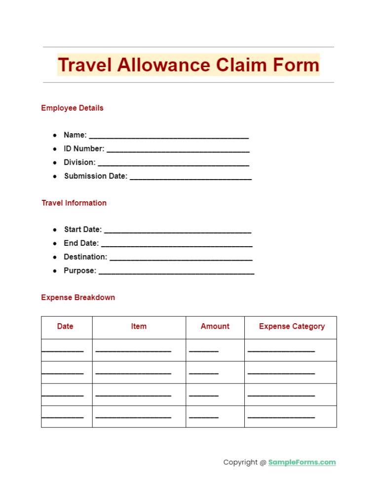 Travel Allowance Claim Form Template