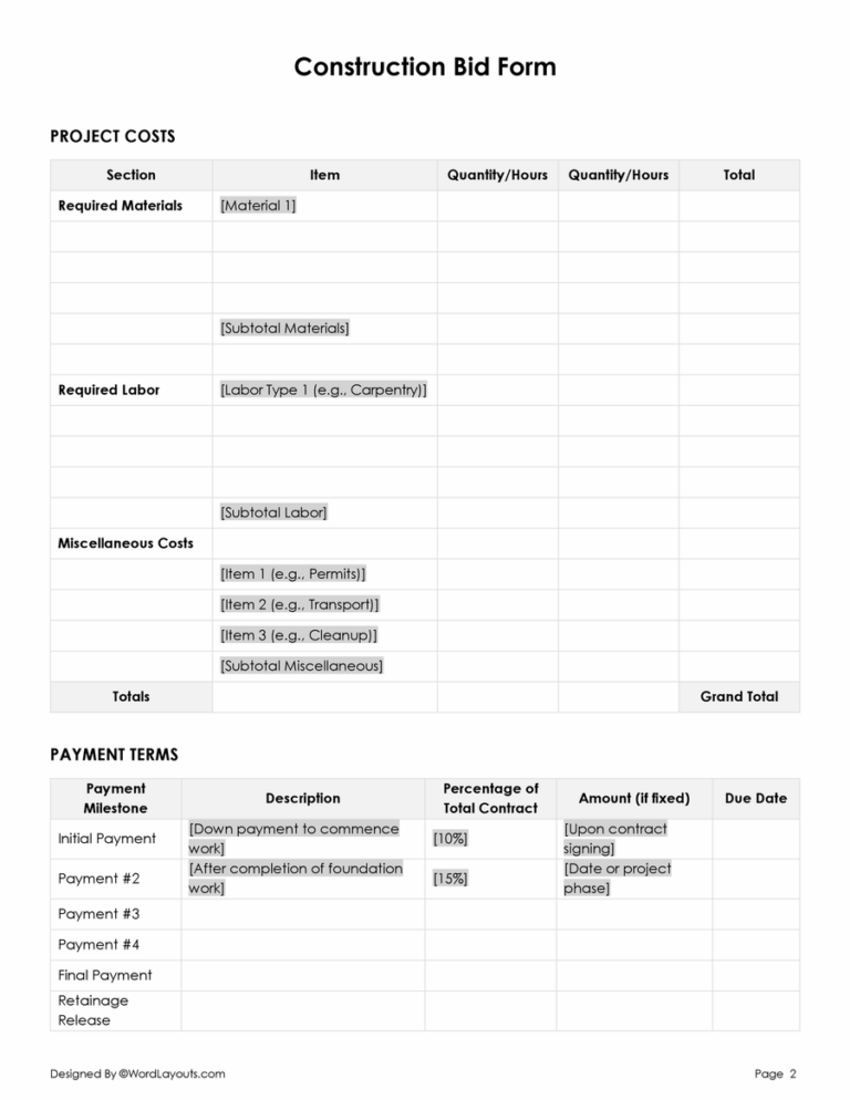 Unit Price Bid Form Template