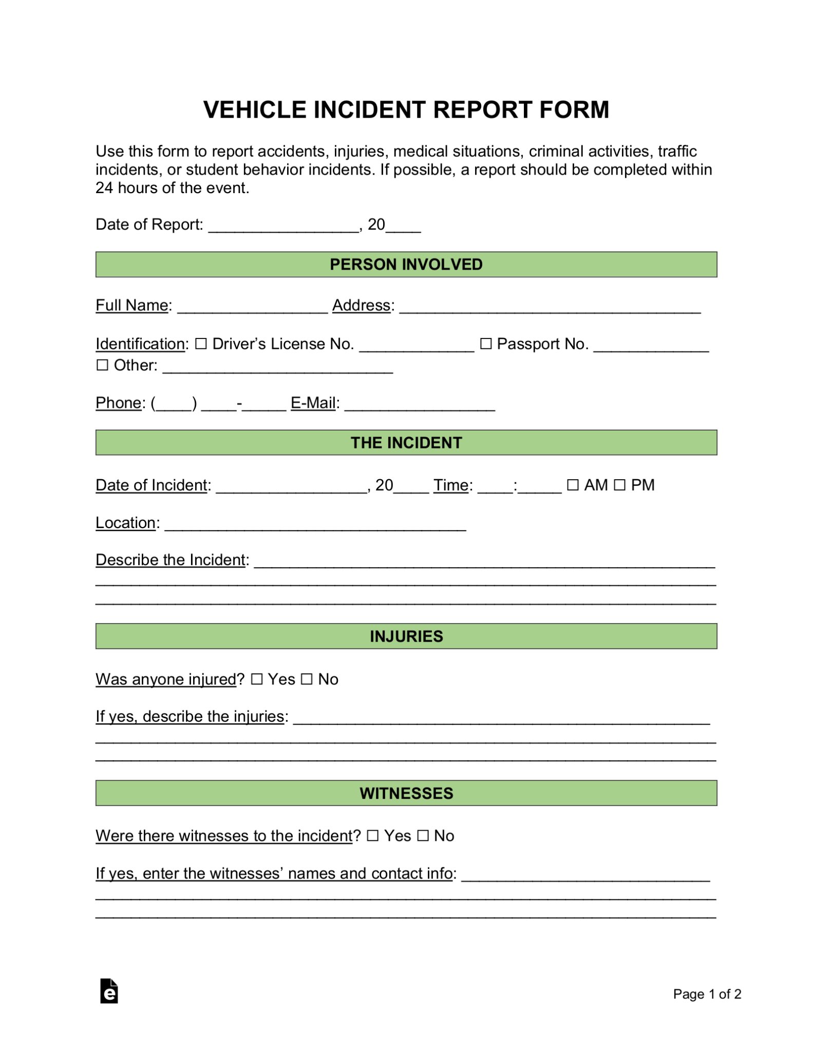 Vehicle Accident Investigation Form Template