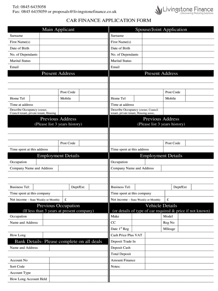 Vehicle Finance Application Form Template