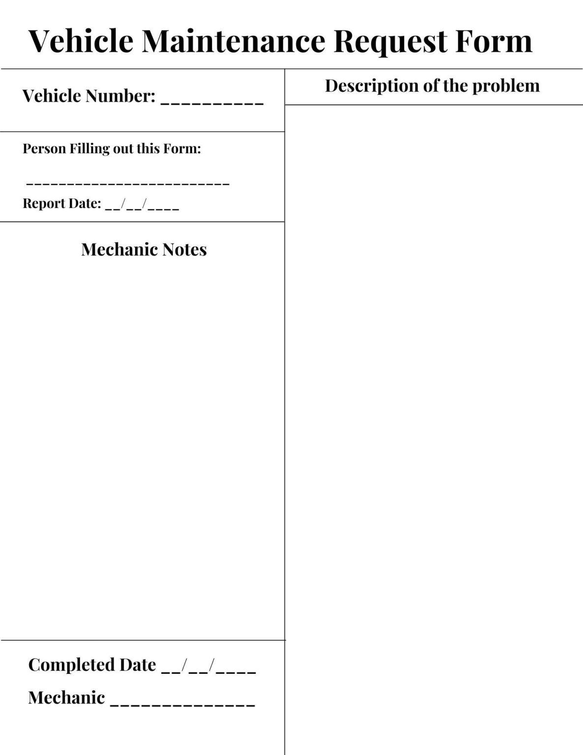 Vehicle Maintenance Repair Request Form Template