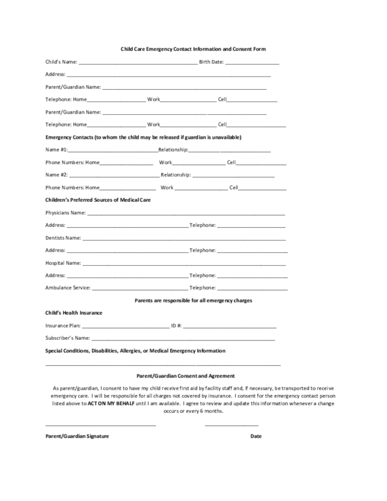 Child Care Update Information Form Template