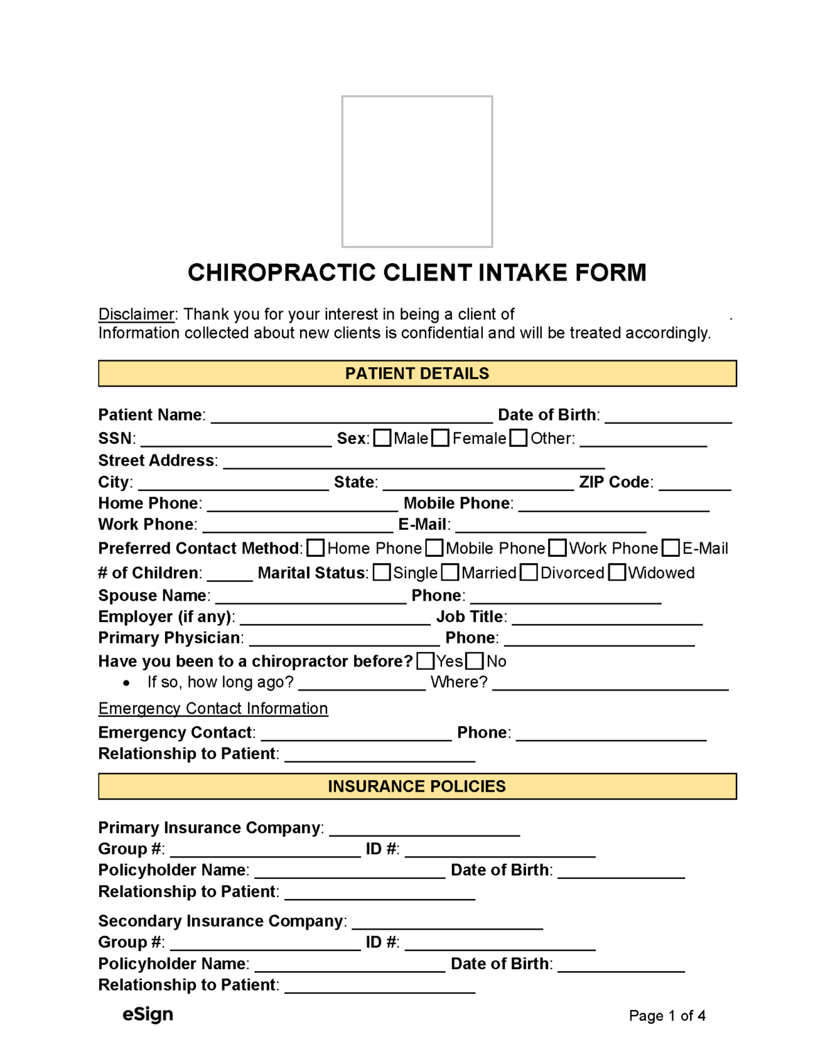 Chiropractic New Patient Intake Form Template