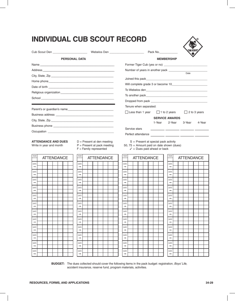 Cub Scout Activity Registration Form Template
