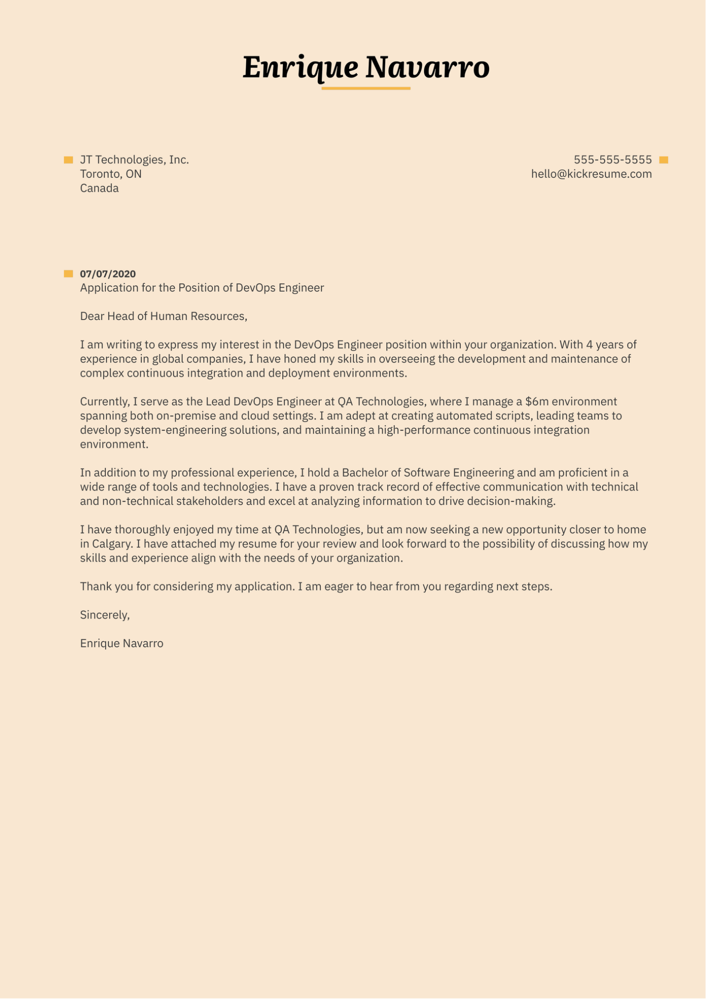 DevOps Engineer Job Application Form Template