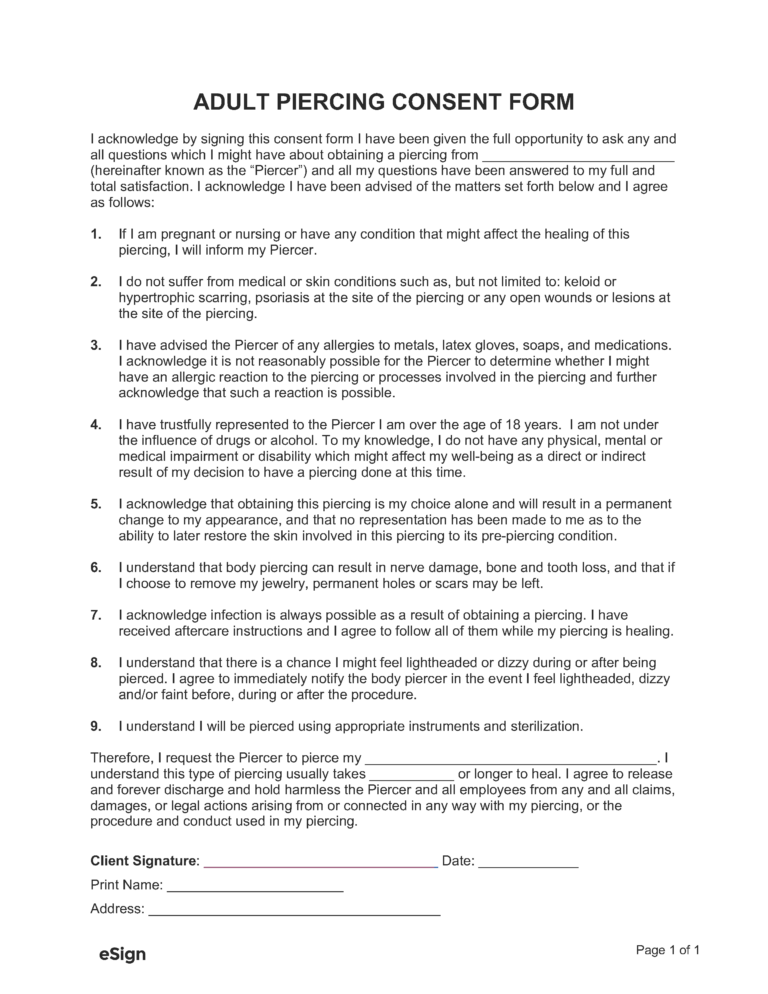 Ear Piercing Consent Form Template