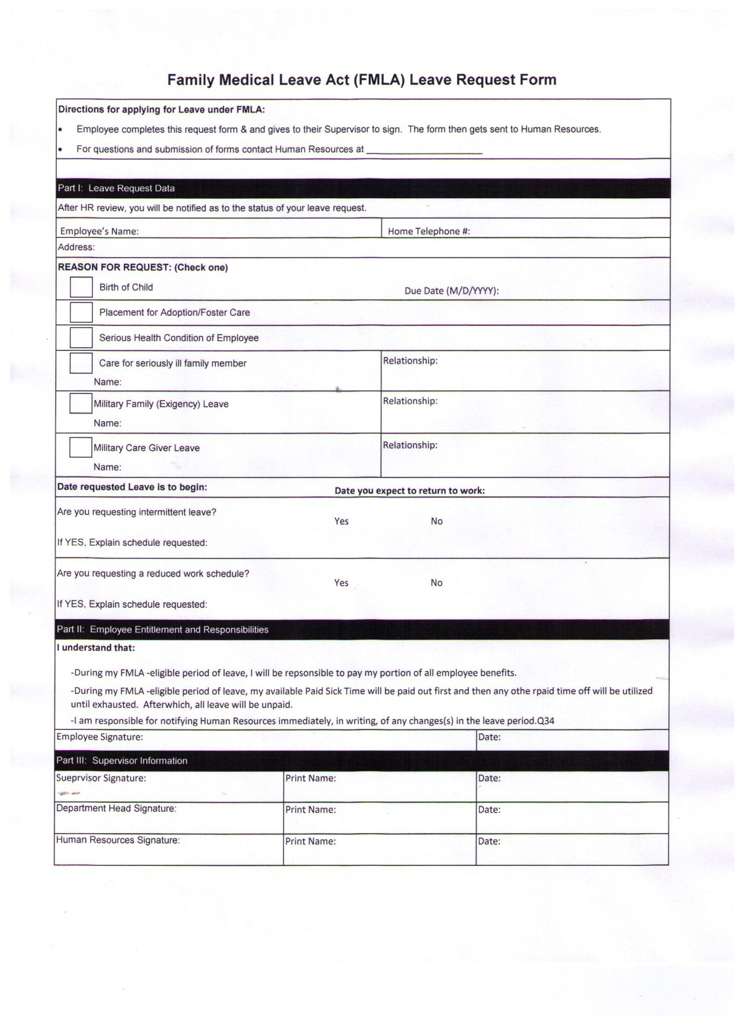 Emergency FMLA Request Form Template