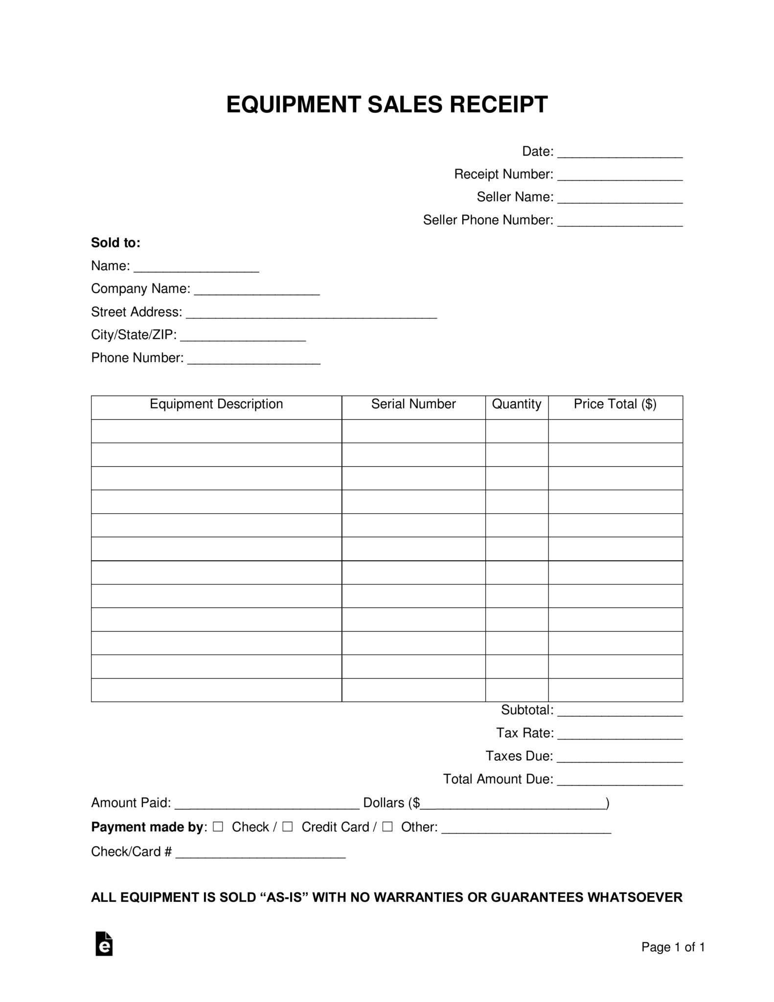 Equipment Sales Receipt Form Template