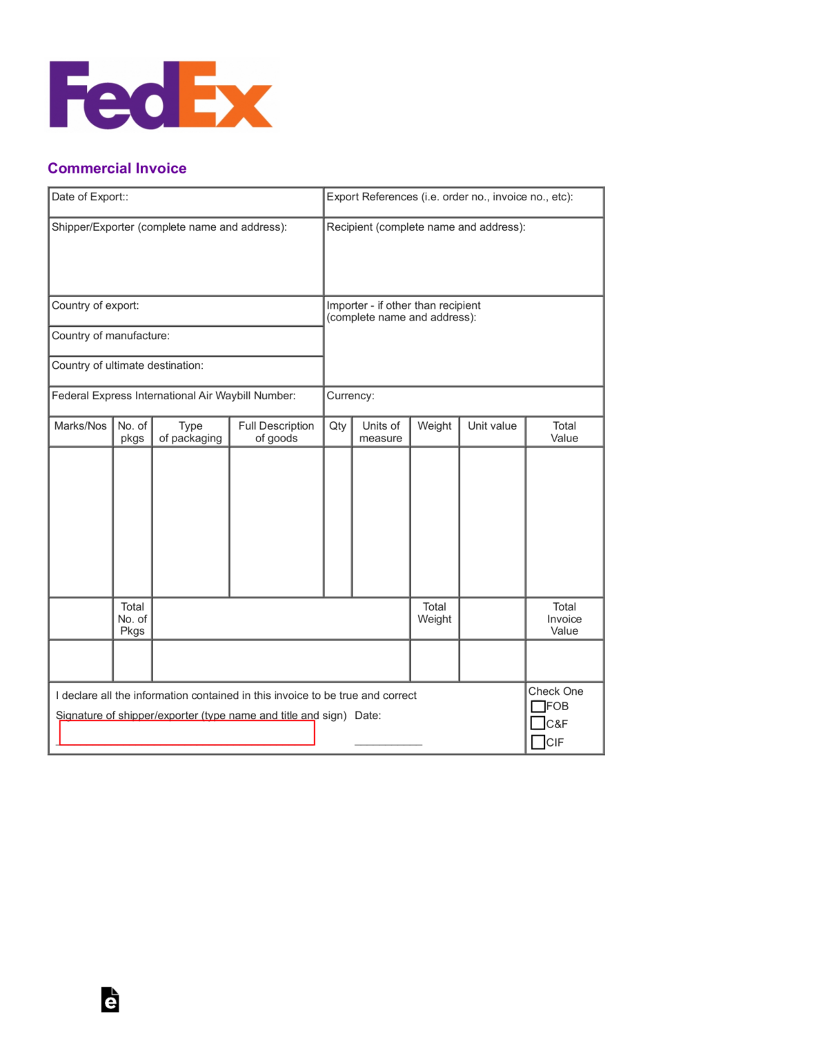 FedEx International Shipping Form Template