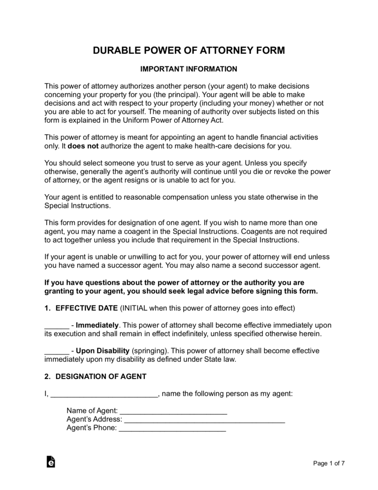 Financial Durable Power of Attorney Form Template