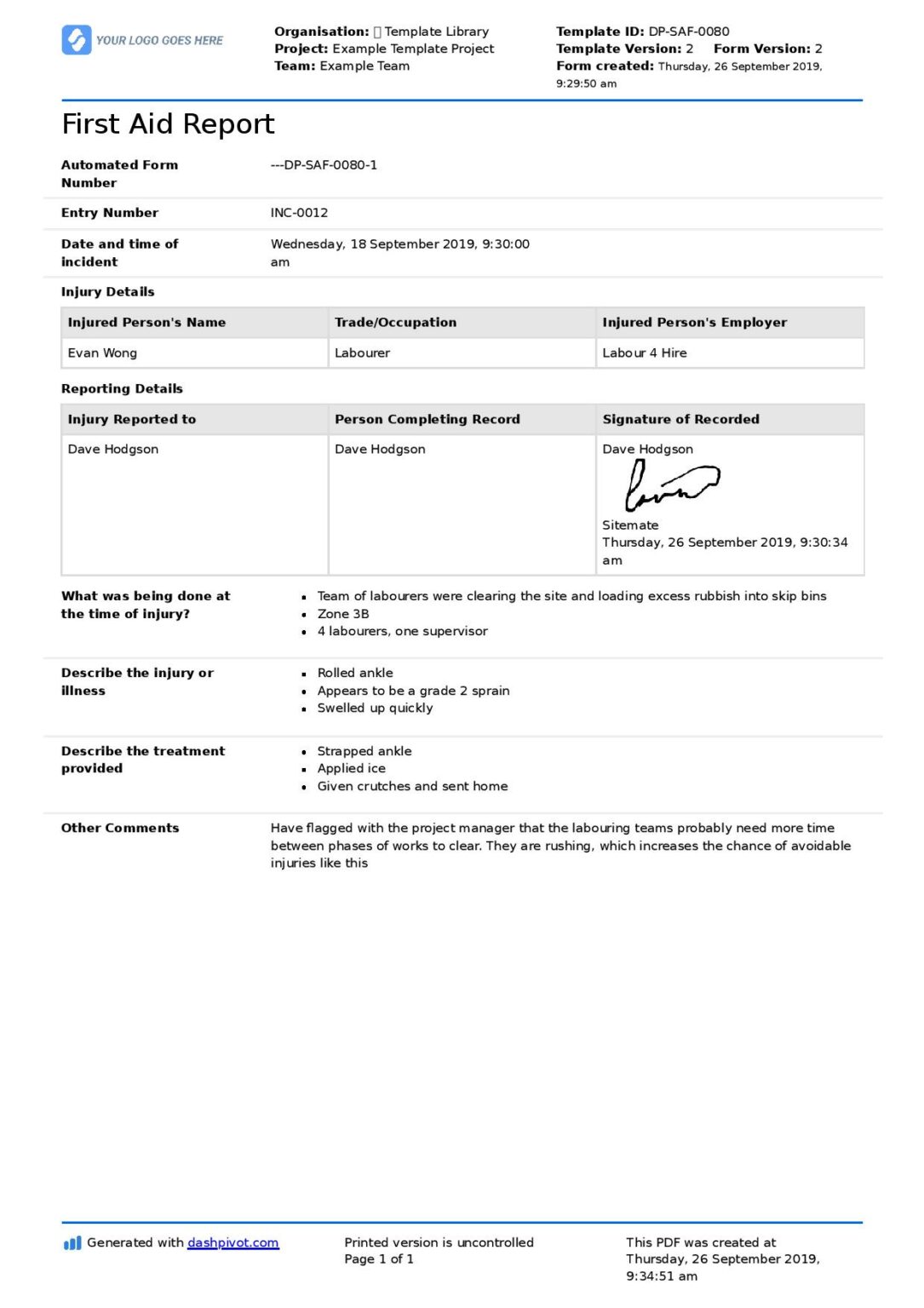 First Aid Record Form Template