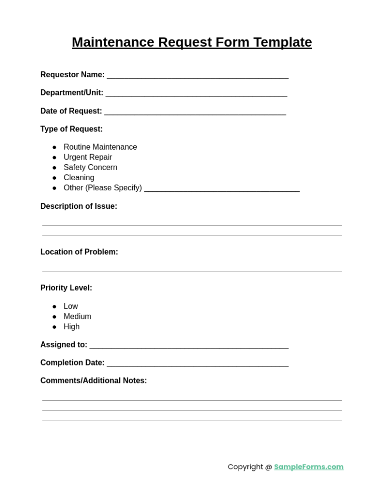 Fitness Maintenance Request Form Template