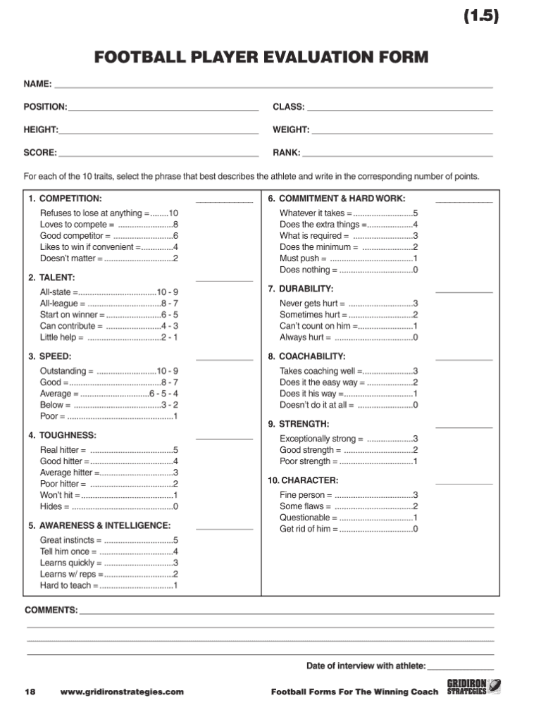 Football Player Development Evaluation Form Template