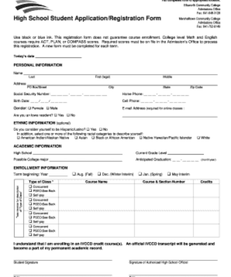 High School Registration Form Template