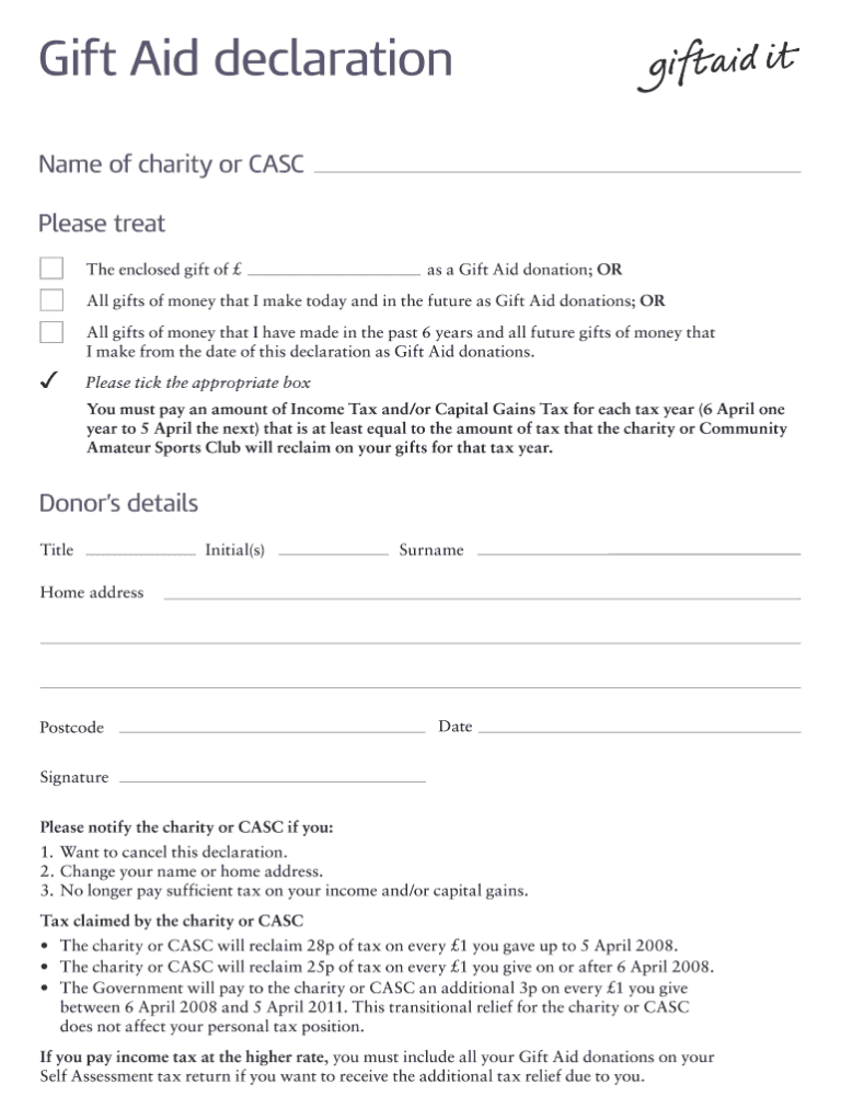 HMRC Gift Aid Form Template