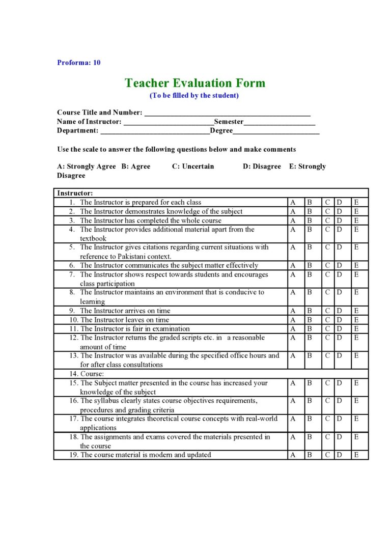 Instructor Performance Evaluation Form Template