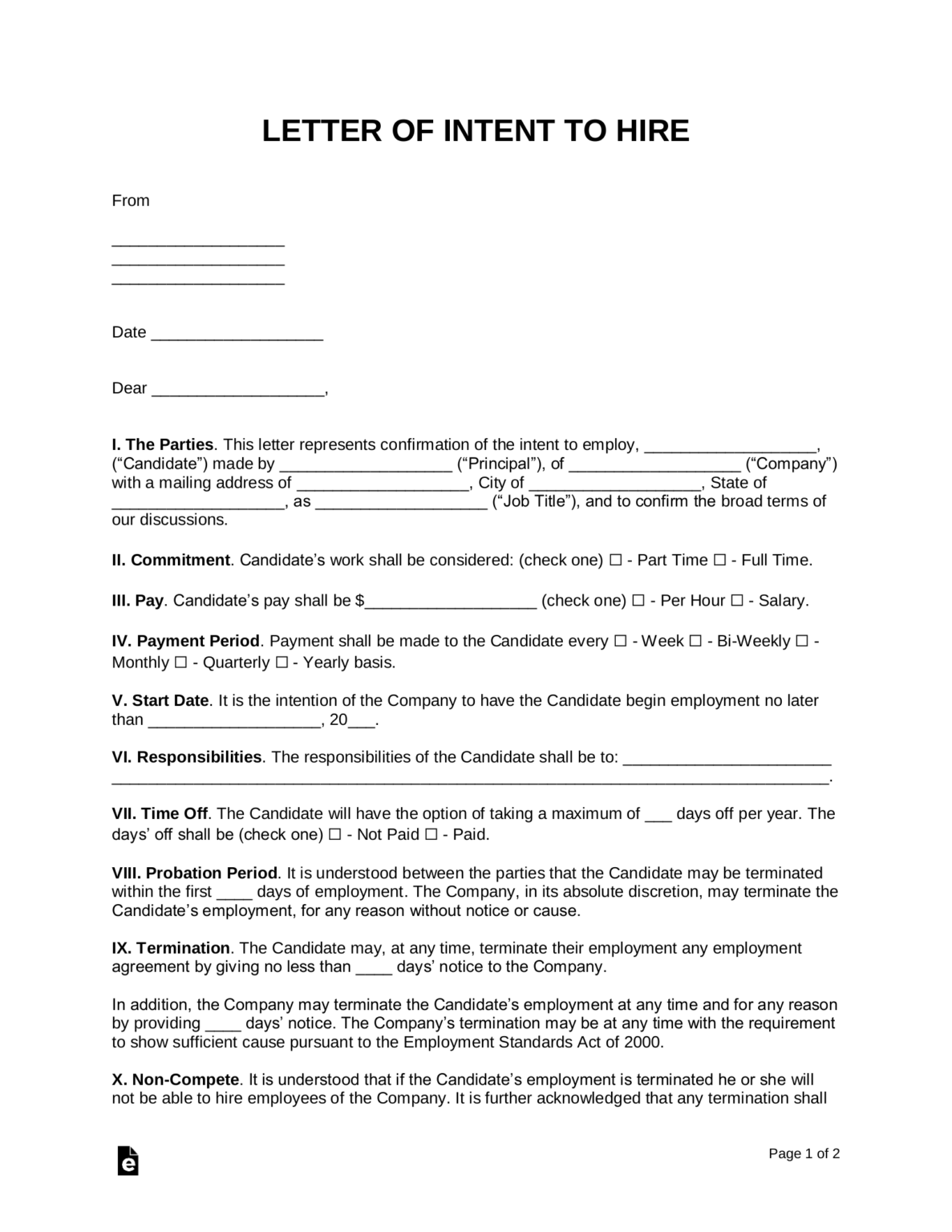 Intent To Hire Form Template
