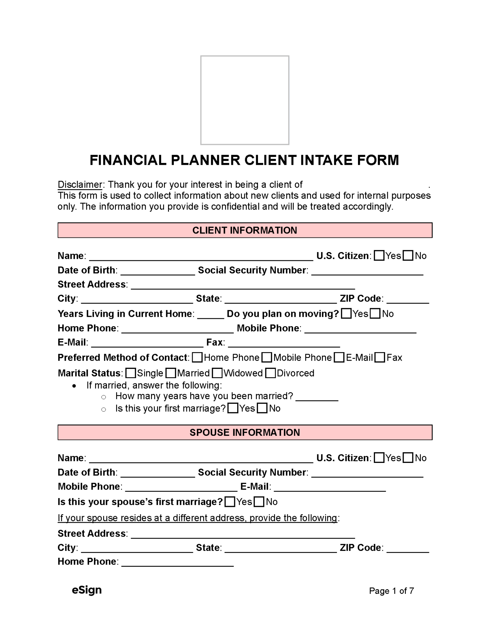 Investor Client Intake Form Template