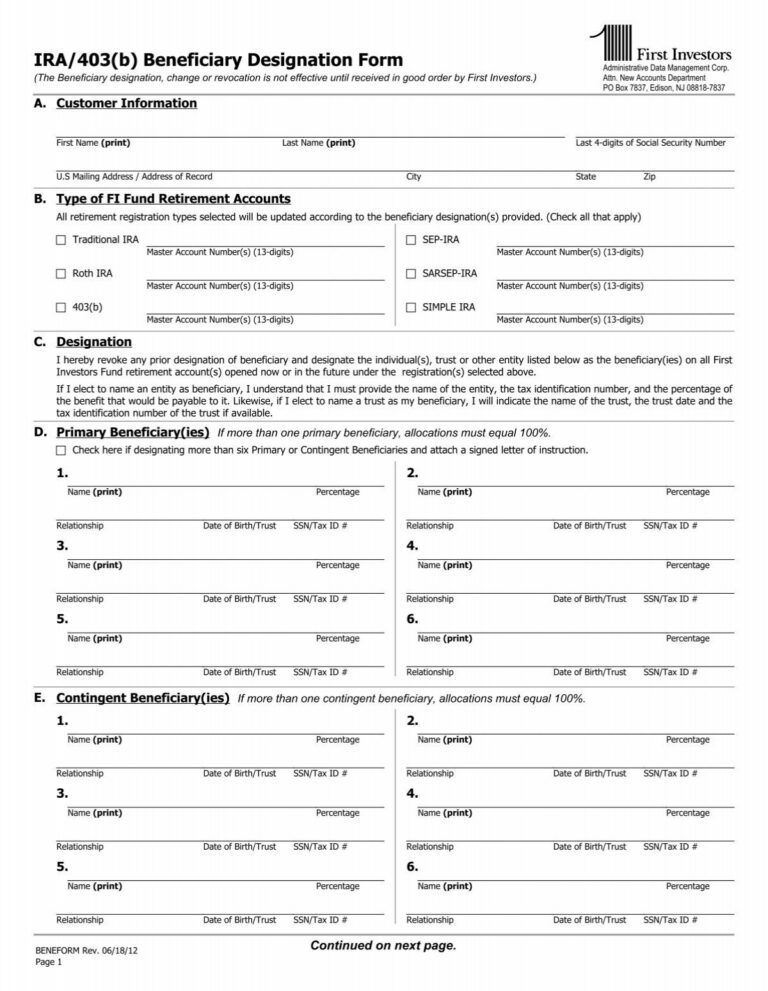 IRA Beneficiary Designation Form Template