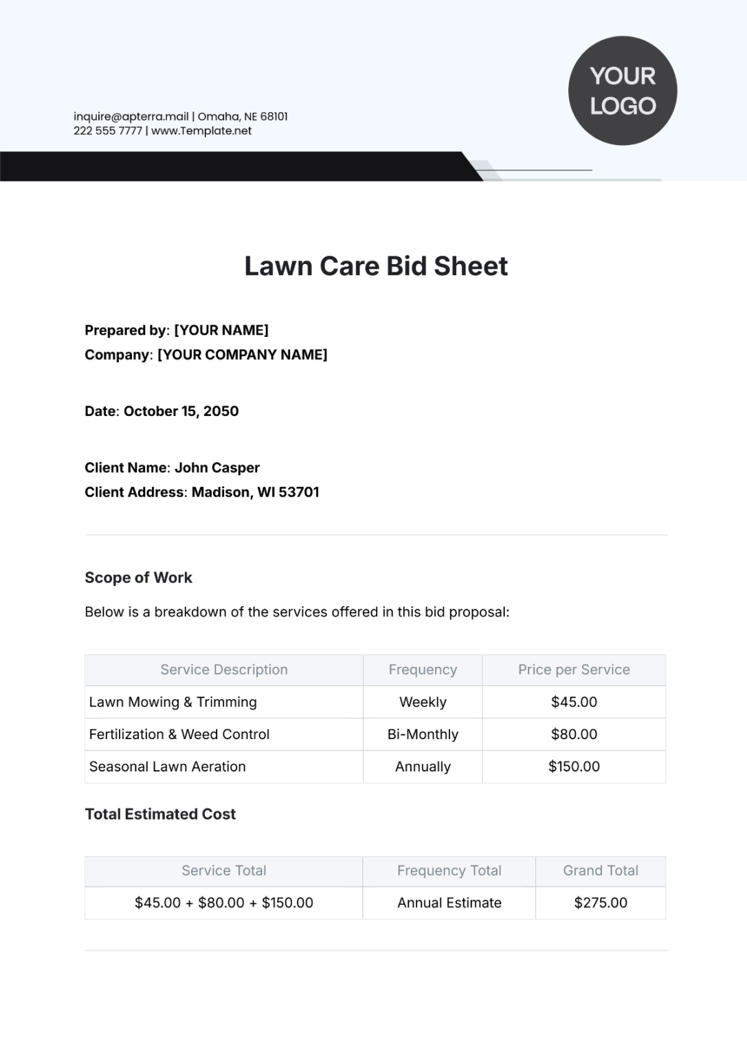Lawn Mowing Bid Form Template