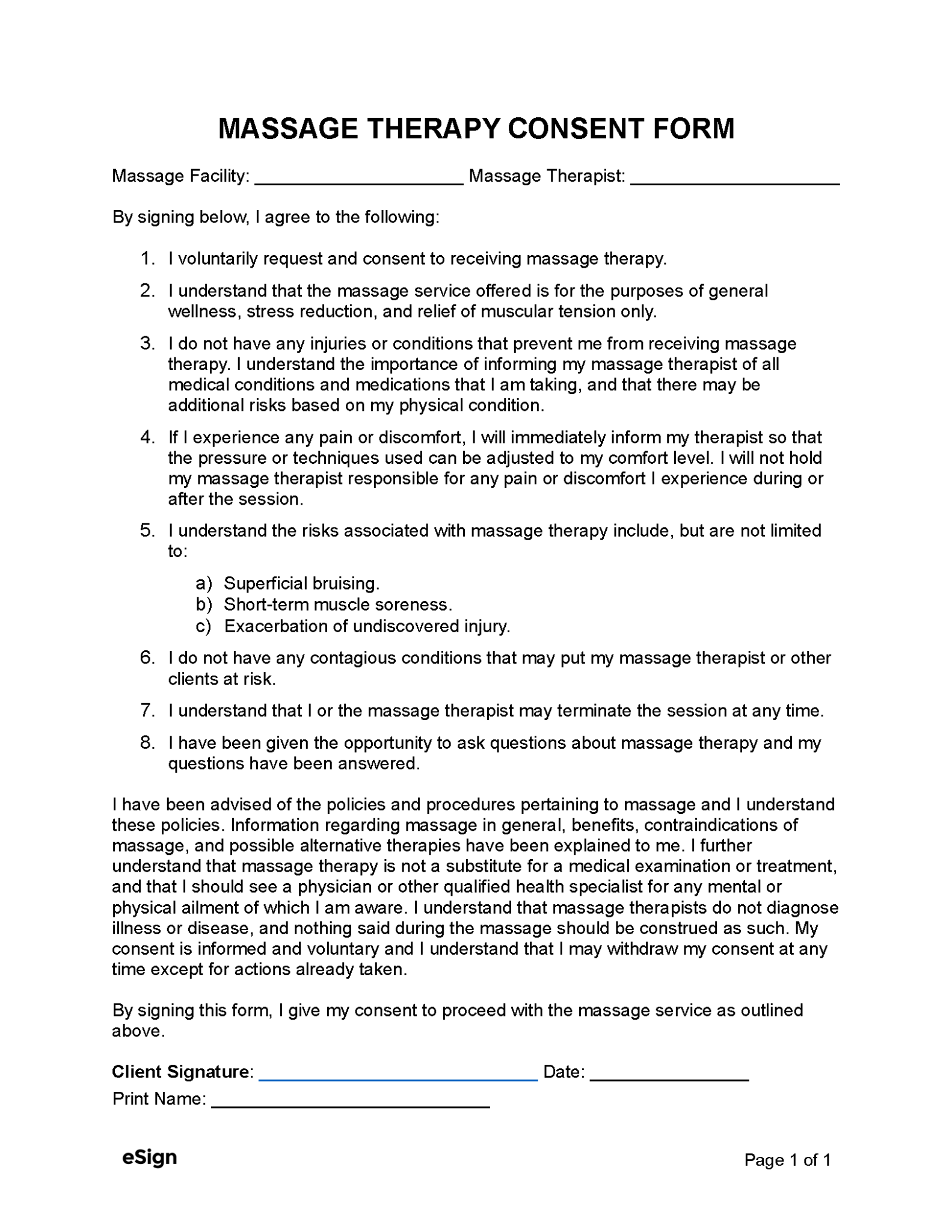 Massage Informed Consent Form Template