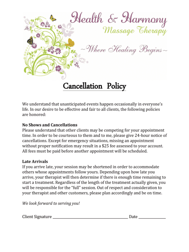 Massage Therapy Cancellation Policy Form Template