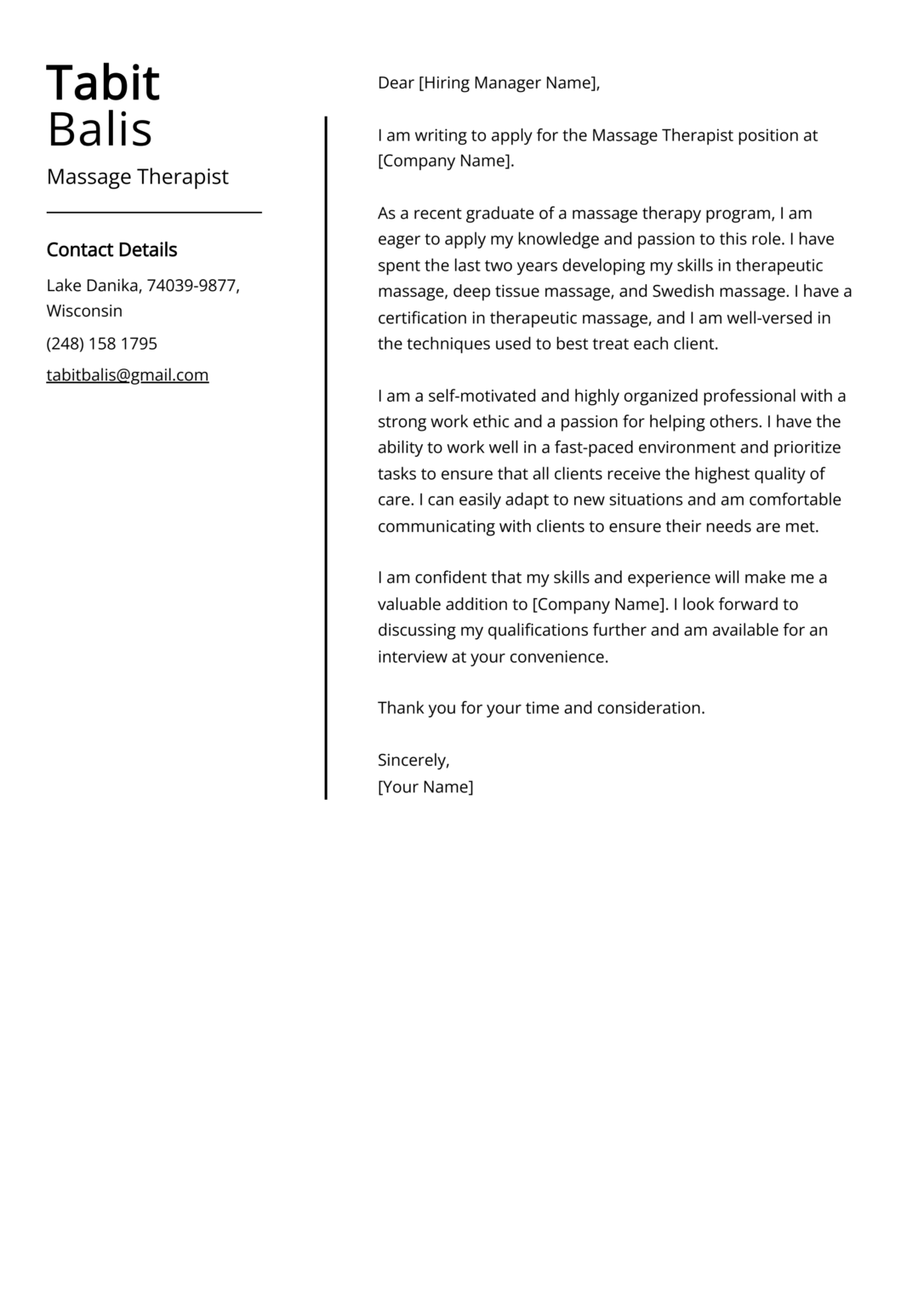 Massage Therapy Job Application Form Template