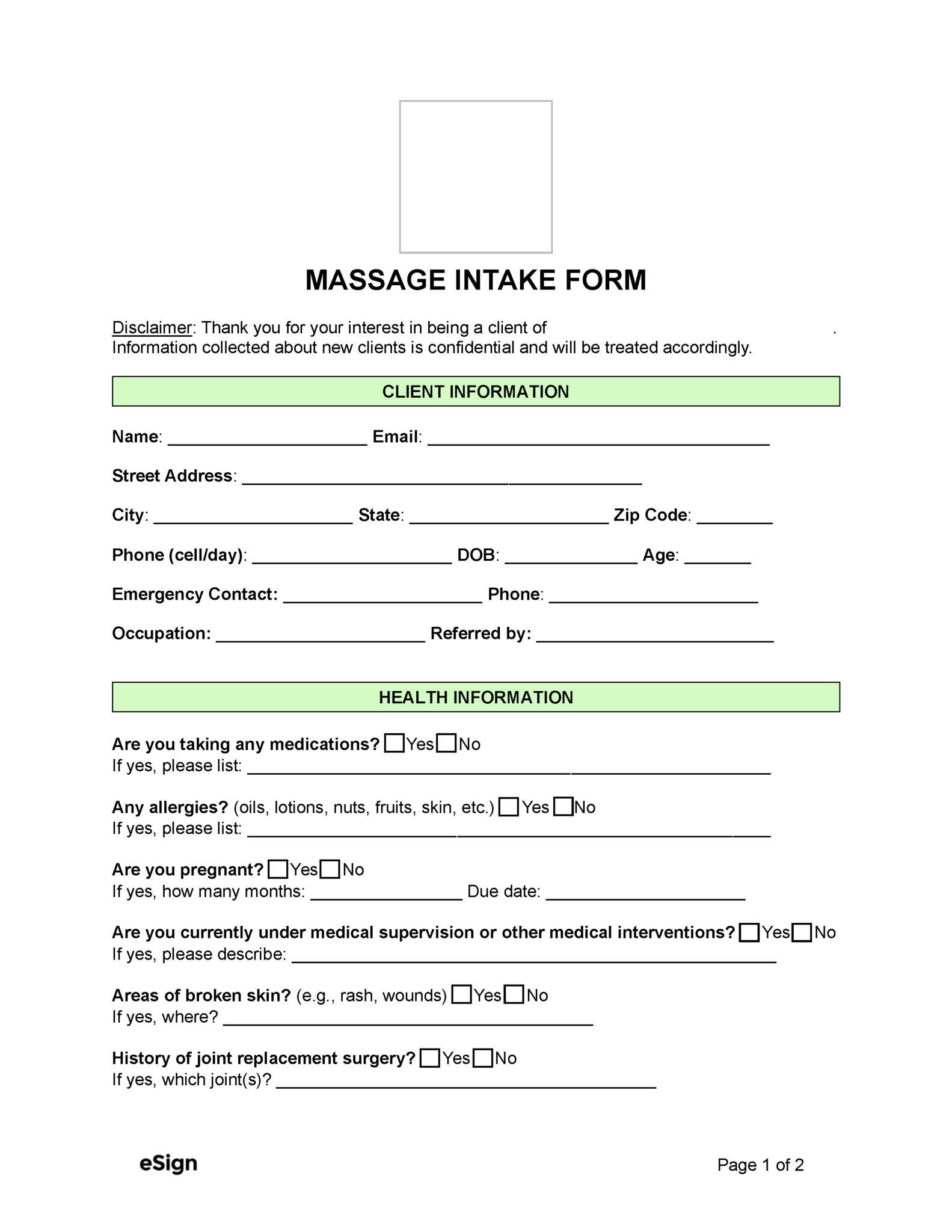 Massage Therapy Patient Intake Form Template