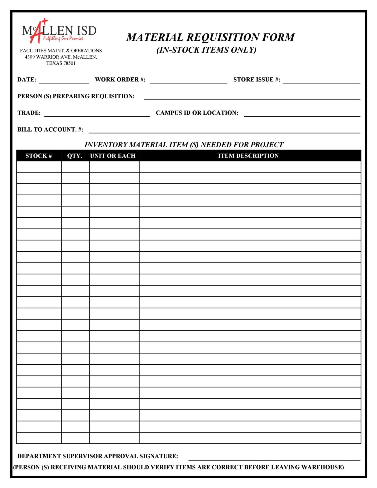 Material and Parts Requisition Form Template