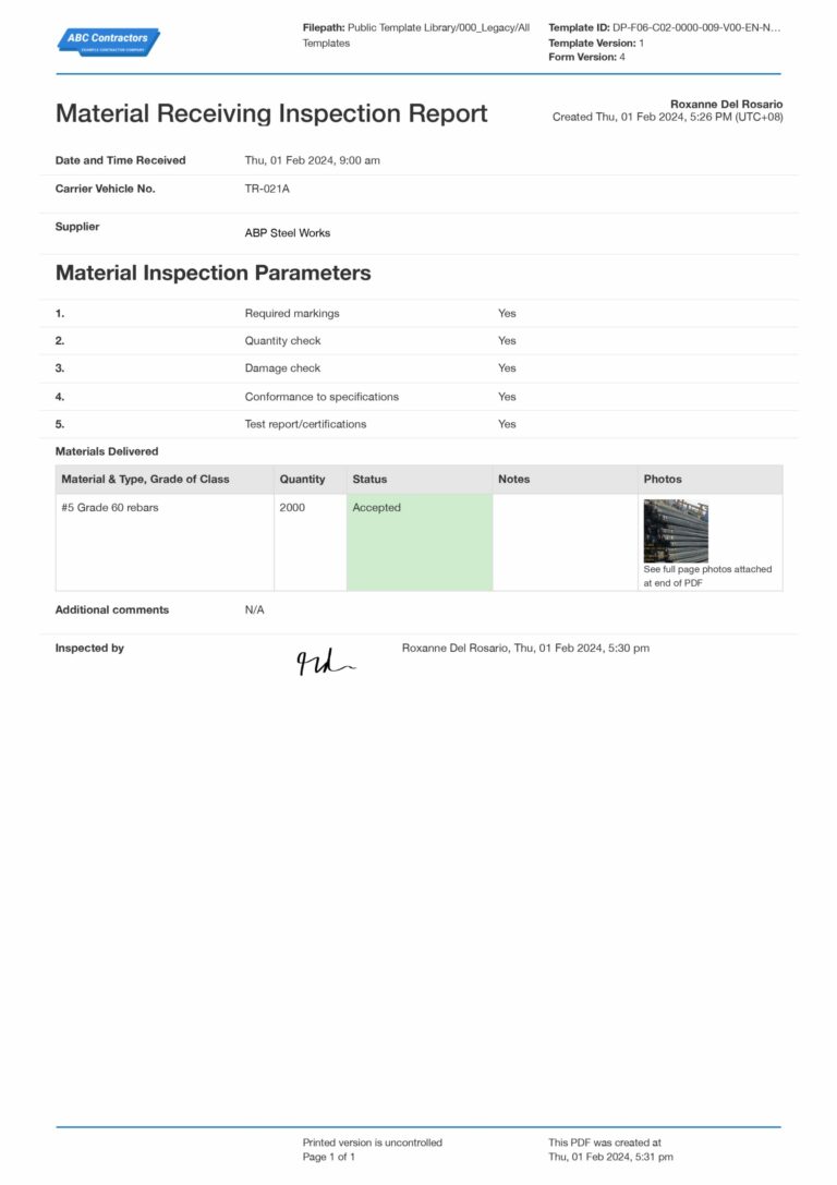 Material Receiving Inspection Form Template