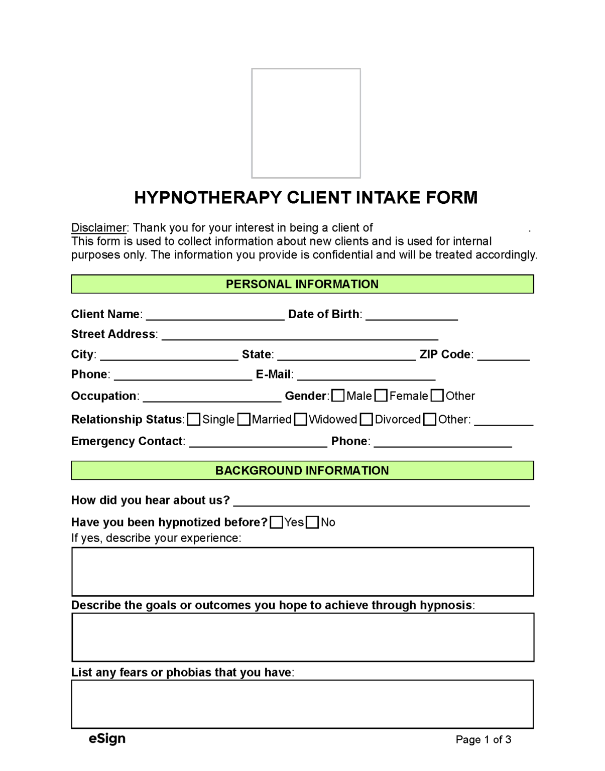 Medical Hypnosis Intake Form Template