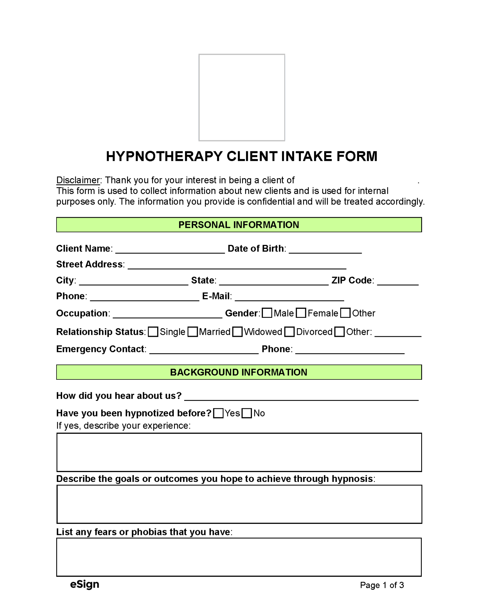 Medical Hypnosis Intake Form Template
